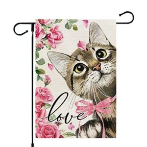 crowned beauty valentines day cat garden flag 12×18 inch double sided for outside, pink roses love yard cf687-12