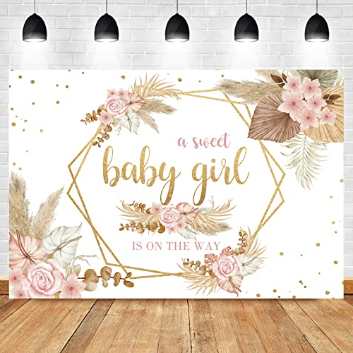 Homewelle Boho Bohemian Floral Sweet Baby Girl Backdrop 7Wx5H Feet Polyester Fabric Baby Shower Blush Pink Flower Pampas Grass Gold Party Decoration Newborn Photography Background Photo Shoot Prop