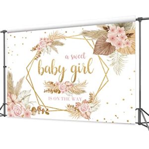 Homewelle Boho Bohemian Floral Sweet Baby Girl Backdrop 7Wx5H Feet Polyester Fabric Baby Shower Blush Pink Flower Pampas Grass Gold Party Decoration Newborn Photography Background Photo Shoot Prop