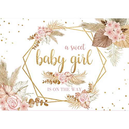 Homewelle Boho Bohemian Floral Sweet Baby Girl Backdrop 7Wx5H Feet Polyester Fabric Baby Shower Blush Pink Flower Pampas Grass Gold Party Decoration Newborn Photography Background Photo Shoot Prop