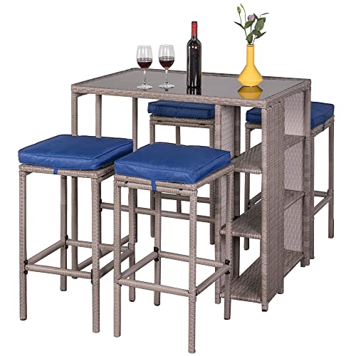 Sundale Outdoor 5 Piece Patio Bar Set, Counter Height Outside Rattan Dining Set, Garden High Top Gray Wicker Bar Height Set of 5, Galss Tabletop and Stools Furniture Set with Cushions, Steel