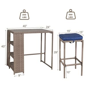 Sundale Outdoor 5 Piece Patio Bar Set, Counter Height Outside Rattan Dining Set, Garden High Top Gray Wicker Bar Height Set of 5, Galss Tabletop and Stools Furniture Set with Cushions, Steel