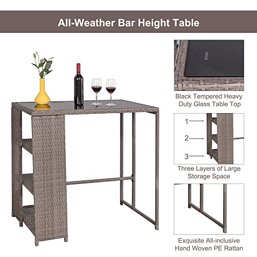 Sundale Outdoor 5 Piece Patio Bar Set, Counter Height Outside Rattan Dining Set, Garden High Top Gray Wicker Bar Height Set of 5, Galss Tabletop and Stools Furniture Set with Cushions, Steel