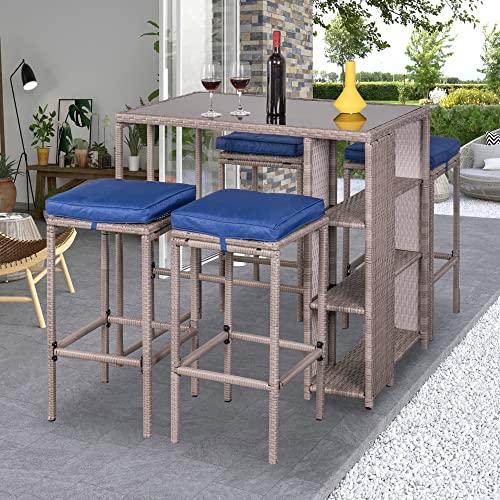 Sundale Outdoor 5 Piece Patio Bar Set, Counter Height Outside Rattan Dining Set, Garden High Top Gray Wicker Bar Height Set of 5, Galss Tabletop and Stools Furniture Set with Cushions, Steel