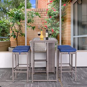 Sundale Outdoor 5 Piece Patio Bar Set, Counter Height Outside Rattan Dining Set, Garden High Top Gray Wicker Bar Height Set of 5, Galss Tabletop and Stools Furniture Set with Cushions, Steel