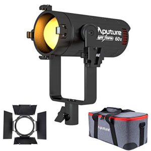 aputure 60x aputure light storm ls 60x bi-color led light 30000lux @1m, cri 95+ tlci 95+built-in 9 lighting fx, support np-f970 battery, includes barn doors support sidus app control