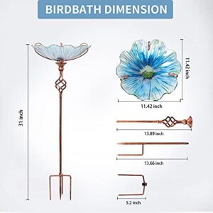 MUMTOP 31 Inch Height Glass Birdbath Birdfeeder with Metal Stake Garden Yard Outdoor Blue