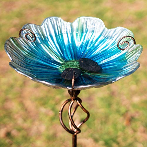 MUMTOP 31 Inch Height Glass Birdbath Birdfeeder with Metal Stake Garden Yard Outdoor Blue