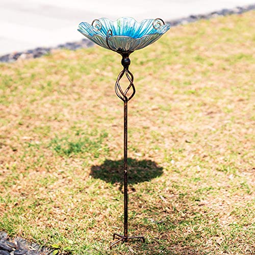 MUMTOP 31 Inch Height Glass Birdbath Birdfeeder with Metal Stake Garden Yard Outdoor Blue