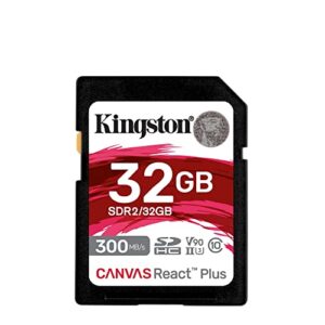 kingston canvas react plus 32gb sd card | sdhc uhs-ii | 300r/260w u3 v90 | full hd/4k/8k | sdr2/32gb