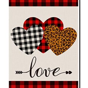 Welcome Valentines Day Garden Flag Vertical Double Sided Buffalo Plaid Leopard Love Hearts Burlap Garden Flag, Valentine's Day Anniversary Wedding Yard Outdoor Decoration 12.5 x 18 Inch