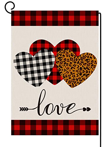 Welcome Valentines Day Garden Flag Vertical Double Sided Buffalo Plaid Leopard Love Hearts Burlap Garden Flag, Valentine's Day Anniversary Wedding Yard Outdoor Decoration 12.5 x 18 Inch