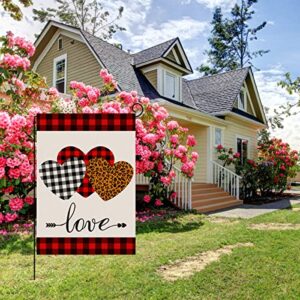 Welcome Valentines Day Garden Flag Vertical Double Sided Buffalo Plaid Leopard Love Hearts Burlap Garden Flag, Valentine's Day Anniversary Wedding Yard Outdoor Decoration 12.5 x 18 Inch