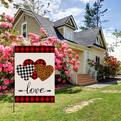 Welcome Valentines Day Garden Flag Vertical Double Sided Buffalo Plaid Leopard Love Hearts Burlap Garden Flag, Valentine's Day Anniversary Wedding Yard Outdoor Decoration 12.5 x 18 Inch