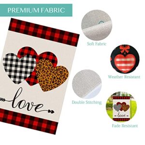 Welcome Valentines Day Garden Flag Vertical Double Sided Buffalo Plaid Leopard Love Hearts Burlap Garden Flag, Valentine's Day Anniversary Wedding Yard Outdoor Decoration 12.5 x 18 Inch