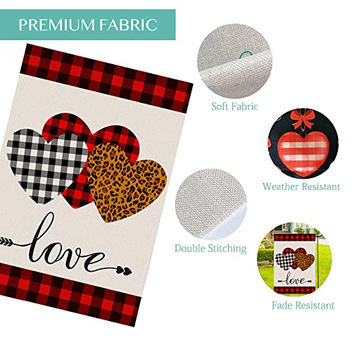 Welcome Valentines Day Garden Flag Vertical Double Sided Buffalo Plaid Leopard Love Hearts Burlap Garden Flag, Valentine's Day Anniversary Wedding Yard Outdoor Decoration 12.5 x 18 Inch