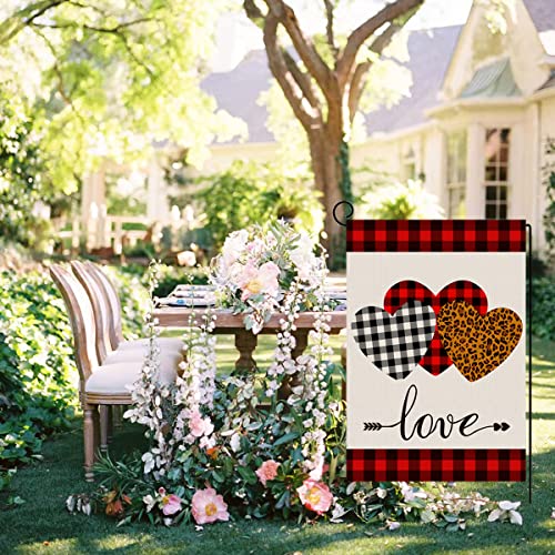 Welcome Valentines Day Garden Flag Vertical Double Sided Buffalo Plaid Leopard Love Hearts Burlap Garden Flag, Valentine's Day Anniversary Wedding Yard Outdoor Decoration 12.5 x 18 Inch