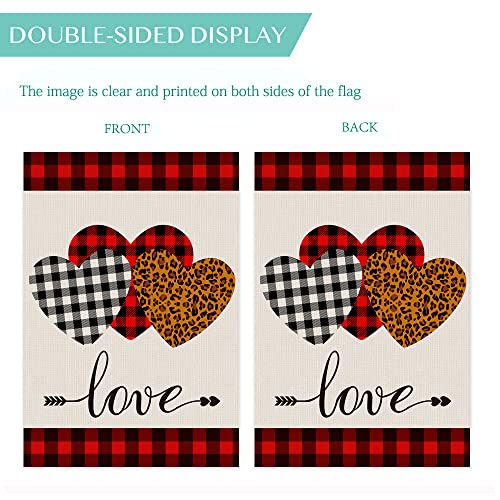 Welcome Valentines Day Garden Flag Vertical Double Sided Buffalo Plaid Leopard Love Hearts Burlap Garden Flag, Valentine's Day Anniversary Wedding Yard Outdoor Decoration 12.5 x 18 Inch