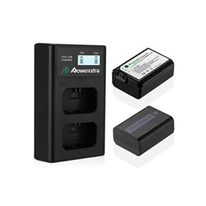 powerextra 2 pack replacement sony np-fw50 battery & smart lcd display dual channel charger compatible for sony zv-e10, alpha a6500, a6300, a6000, a7s, a7, a7s ii, a7s, a5100, a5000, a7r, a7 ii camera