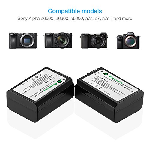 Powerextra 2 Pack Replacement Sony NP-FW50 Battery & Smart LCD Display Dual Channel Charger Compatible for Sony ZV-E10, Alpha a6500, a6300, a6000, a7s, a7, a7s ii, a7s, a5100, a5000, a7r, a7 ii Camera