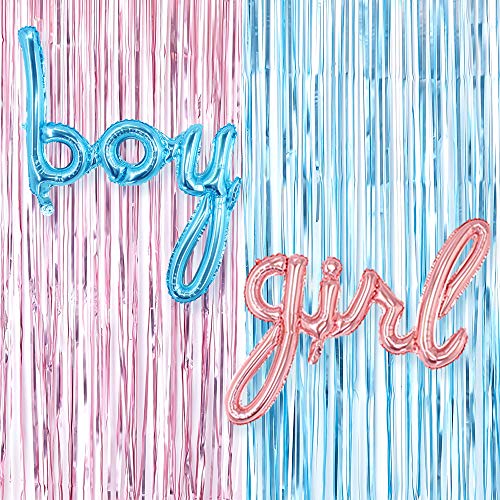 Gender Reveal Decoration Set - Metallic Fringe Curtains + BOY Girl Foil Balloons Gender Reveals Party Photo Backdrop (Pink/Blue)