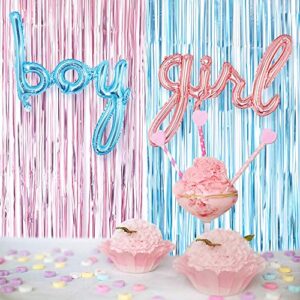 Gender Reveal Decoration Set - Metallic Fringe Curtains + BOY Girl Foil Balloons Gender Reveals Party Photo Backdrop (Pink/Blue)