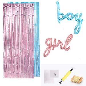 Gender Reveal Decoration Set - Metallic Fringe Curtains + BOY Girl Foil Balloons Gender Reveals Party Photo Backdrop (Pink/Blue)