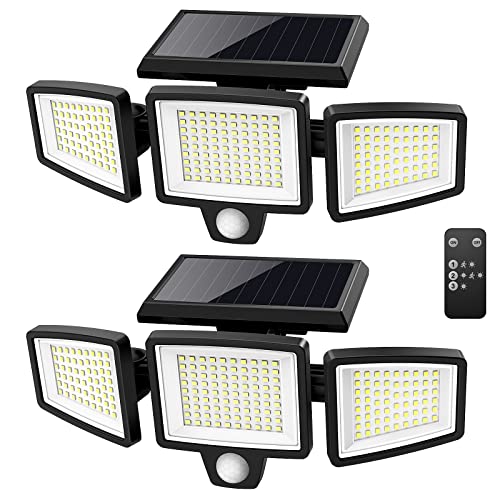 Tuffenough Solar Outdoor Lights 2500LM 210 LED Security Lights with Remote Control,3 Heads Motion Sensor Lights, IP65 Waterproof,270° Wide Angle Flood Wall Lights with 3 Modes(2 Packs)