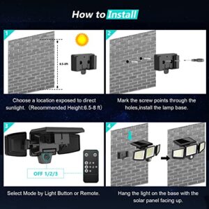 Tuffenough Solar Outdoor Lights 2500LM 210 LED Security Lights with Remote Control,3 Heads Motion Sensor Lights, IP65 Waterproof,270° Wide Angle Flood Wall Lights with 3 Modes(2 Packs)