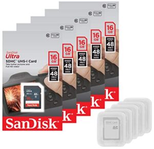 5 pack – sandisk ultra 16gb sd sdhc memory flash card uhs-i class 10 read speed up to 48mb/s 320x sdsdunb-016g-gn3in wholesale lot + (5 cases)