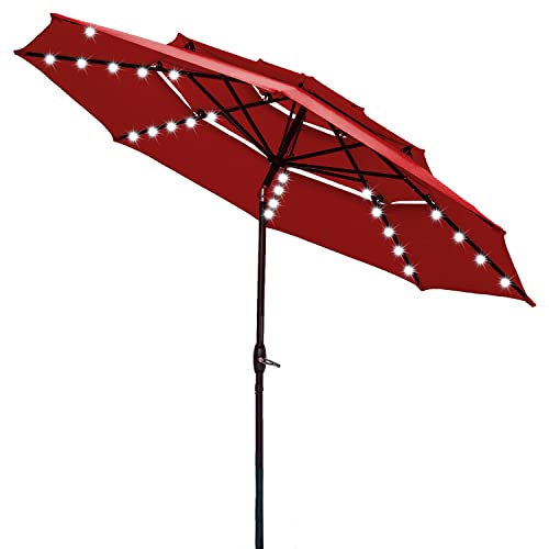 Saemoza 10ft 3 Tiers Patio Umbrella with Solar Powered, Outdoor Market Table Umbrella with 40 LED Lights, Push Button Tilt, Crank and 8 Ribs for Garden, Backyard and Pool (Red)