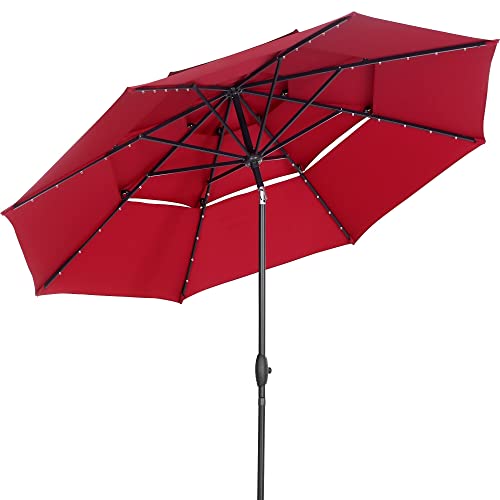 Saemoza 10ft 3 Tiers Patio Umbrella with Solar Powered, Outdoor Market Table Umbrella with 40 LED Lights, Push Button Tilt, Crank and 8 Ribs for Garden, Backyard and Pool (Red)