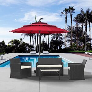 Saemoza 10ft 3 Tiers Patio Umbrella with Solar Powered, Outdoor Market Table Umbrella with 40 LED Lights, Push Button Tilt, Crank and 8 Ribs for Garden, Backyard and Pool (Red)