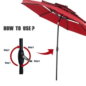 Saemoza 10ft 3 Tiers Patio Umbrella with Solar Powered, Outdoor Market Table Umbrella with 40 LED Lights, Push Button Tilt, Crank and 8 Ribs for Garden, Backyard and Pool (Red)