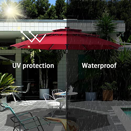 Saemoza 10ft 3 Tiers Patio Umbrella with Solar Powered, Outdoor Market Table Umbrella with 40 LED Lights, Push Button Tilt, Crank and 8 Ribs for Garden, Backyard and Pool (Red)