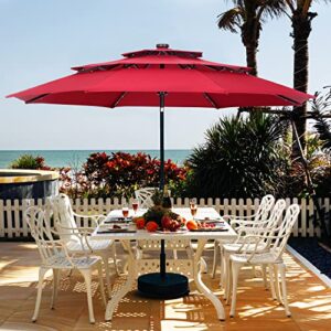 Saemoza 10ft 3 Tiers Patio Umbrella with Solar Powered, Outdoor Market Table Umbrella with 40 LED Lights, Push Button Tilt, Crank and 8 Ribs for Garden, Backyard and Pool (Red)