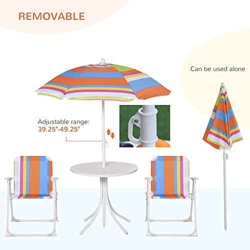 Outsunny Kids Folding Table and Chairs Set Color Stripes for Outdoor Garden Patio Backyard with Removable & Height Adjustable Sun Umbrella, Multi