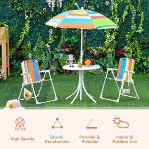 Outsunny Kids Folding Table and Chairs Set Color Stripes for Outdoor Garden Patio Backyard with Removable & Height Adjustable Sun Umbrella, Multi