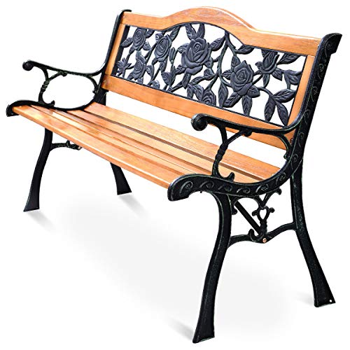 HAPPYGRILL 50'' Patio Park Garden Bench, Outdoor Furniture Iron & Hardwood Frame Porch Loveseat