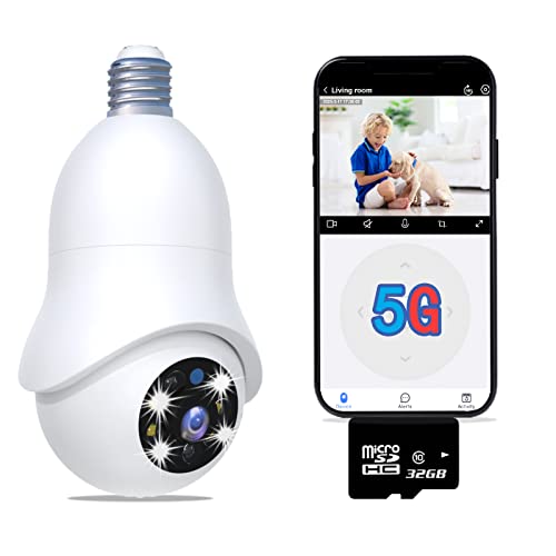 ADAPIDAE 5G Light Bulb Camera, Home Camera Outdoor Indoor,Safe Cam 360 with Motion Detection,Porch Light with Security Camera Full Color Day and Night (32G SD Card Included)