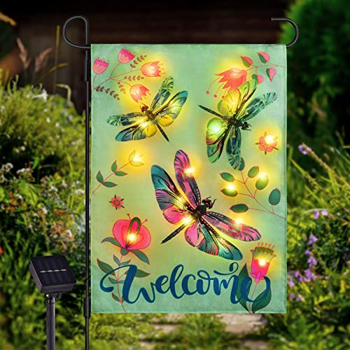 Spring Garden Flag 12×18 Double Sided, 8 Modes Lighted Dragonfly Flag, Welcome Spring Garden Flag for Outside, LED Small Flag for Yard and Garden Decor in Spring