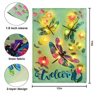 Spring Garden Flag 12×18 Double Sided, 8 Modes Lighted Dragonfly Flag, Welcome Spring Garden Flag for Outside, LED Small Flag for Yard and Garden Decor in Spring