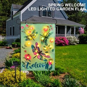 Spring Garden Flag 12×18 Double Sided, 8 Modes Lighted Dragonfly Flag, Welcome Spring Garden Flag for Outside, LED Small Flag for Yard and Garden Decor in Spring