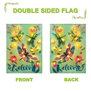 Spring Garden Flag 12×18 Double Sided, 8 Modes Lighted Dragonfly Flag, Welcome Spring Garden Flag for Outside, LED Small Flag for Yard and Garden Decor in Spring