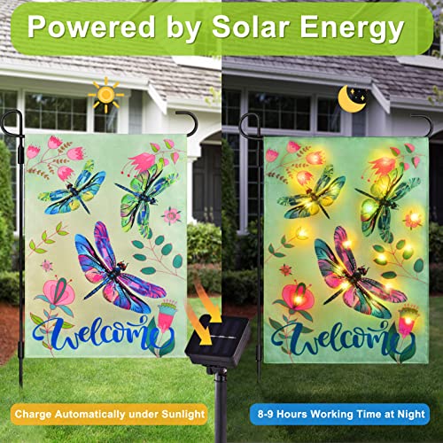 Spring Garden Flag 12×18 Double Sided, 8 Modes Lighted Dragonfly Flag, Welcome Spring Garden Flag for Outside, LED Small Flag for Yard and Garden Decor in Spring