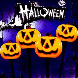 set of 4 halloween pumpkin lights, halloween decorations outdoor 3d solar jack-o-lantern, led halloween pumpkin street lights battery powered for outdoor walkway garden yard lighting decorations