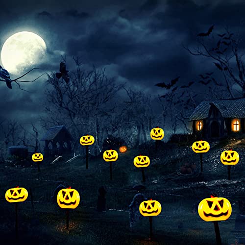 Set of 4 Halloween Pumpkin Lights, Halloween Decorations Outdoor 3D Solar jack-o-lantern, LED Halloween Pumpkin Street Lights Battery Powered for Outdoor Walkway Garden Yard Lighting Decorations