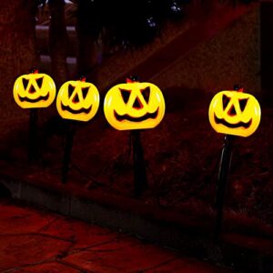 Set of 4 Halloween Pumpkin Lights, Halloween Decorations Outdoor 3D Solar jack-o-lantern, LED Halloween Pumpkin Street Lights Battery Powered for Outdoor Walkway Garden Yard Lighting Decorations