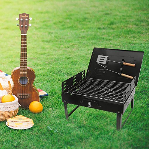 Folding Outdoor BBQ Grill - Portable Charcoal Barbecue Grill with Meat Fork & Shovel, Mini BBQ Grill for Camping/Picnic/Garden