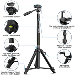 Camera Tripod 69 Inch, Patented 3-Way Swivel Portable Phone Tripod Professional Aluminum Alloy Travel Phone Camera Stand Monopod for Canon Nikon GoPro DSLR, DV Video Camcorder, Smartphone